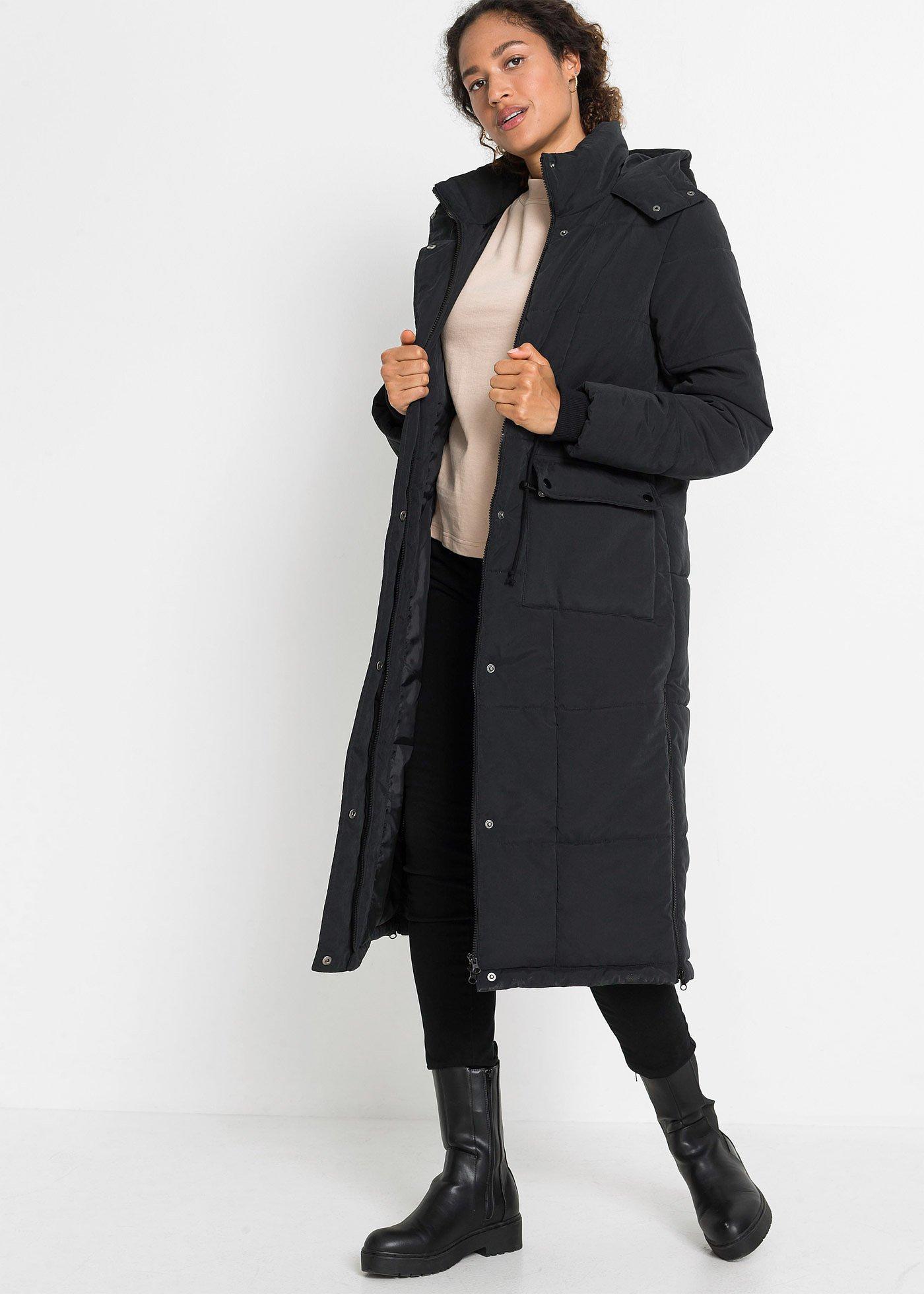 Langer Wintermantel mit Kapuze - schwarz