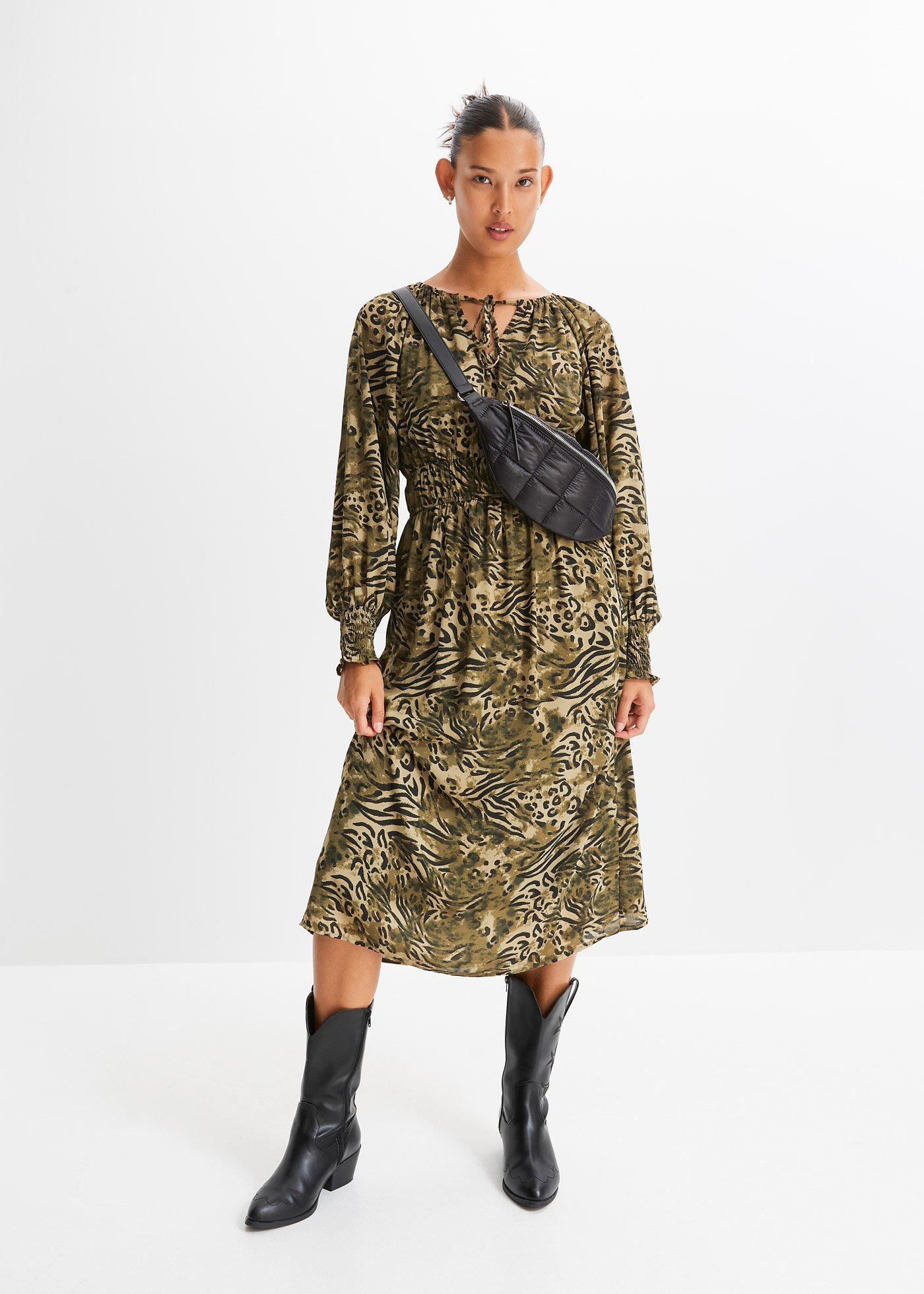Midi Kleid mit langen ärmeln in animal-print - oliv bedruckt