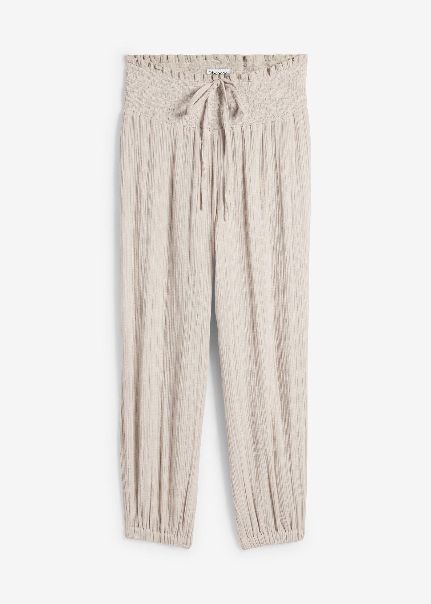 Bequeme Musselin Hose mit breitem Gummibund - steingrau