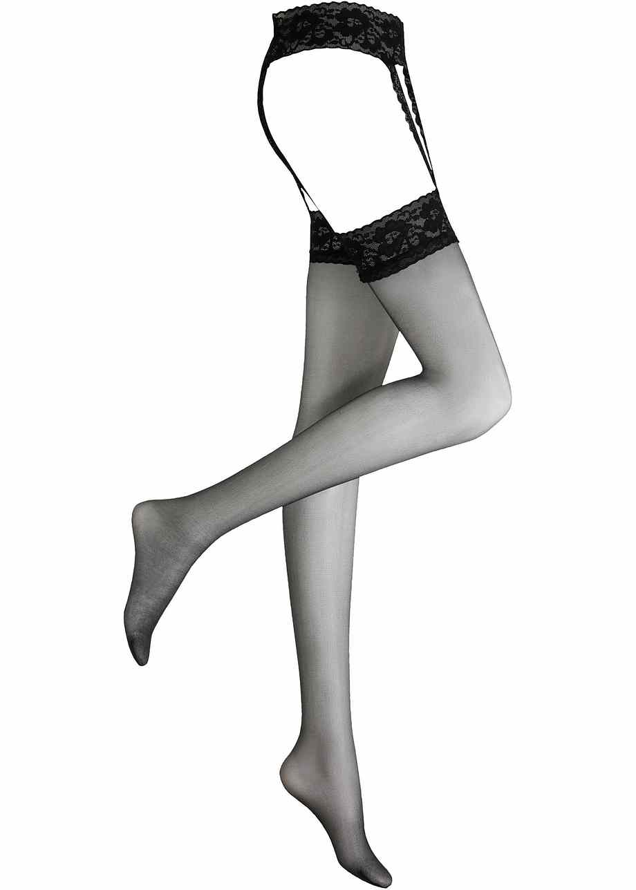 Seidig glänzender Strumpf mit Spitzen-Straps - schwarz