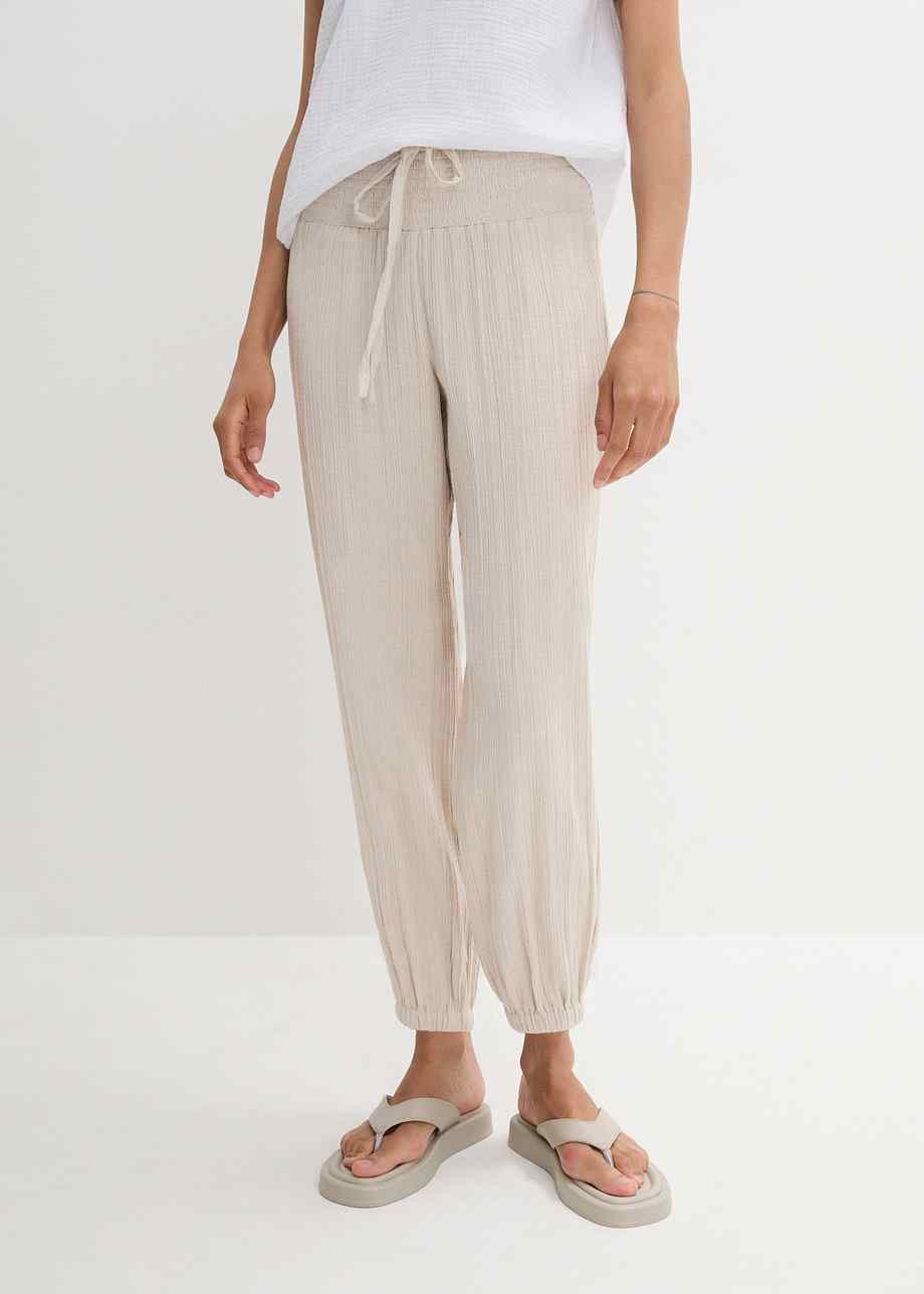 Bequeme Musselin Hose mit breitem Gummibund - steingrau